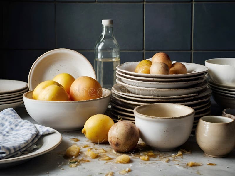 A Pile of Dirty Dish on the Table Stock Illustration - Illustration of ...