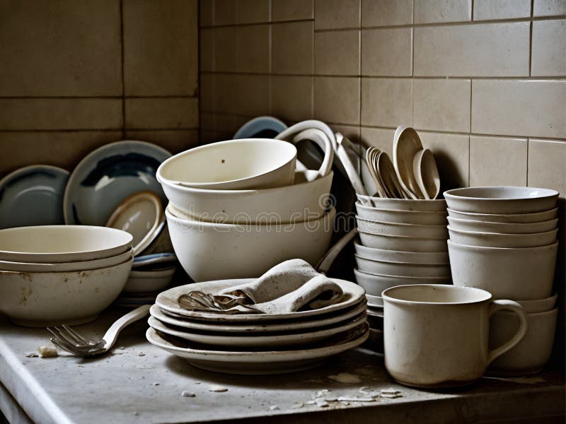 A Pile of Dirty Dish on the Table Stock Illustration - Illustration of ...