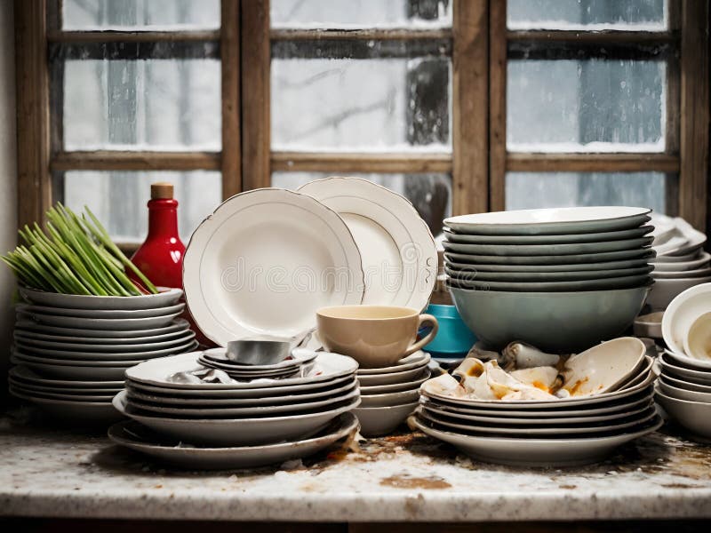 A Pile of Dirty Dish on the Table Stock Illustration - Illustration of ...