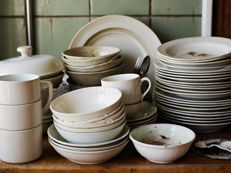 A Pile of Dirty Dish on the Table Stock Illustration - Illustration of ...