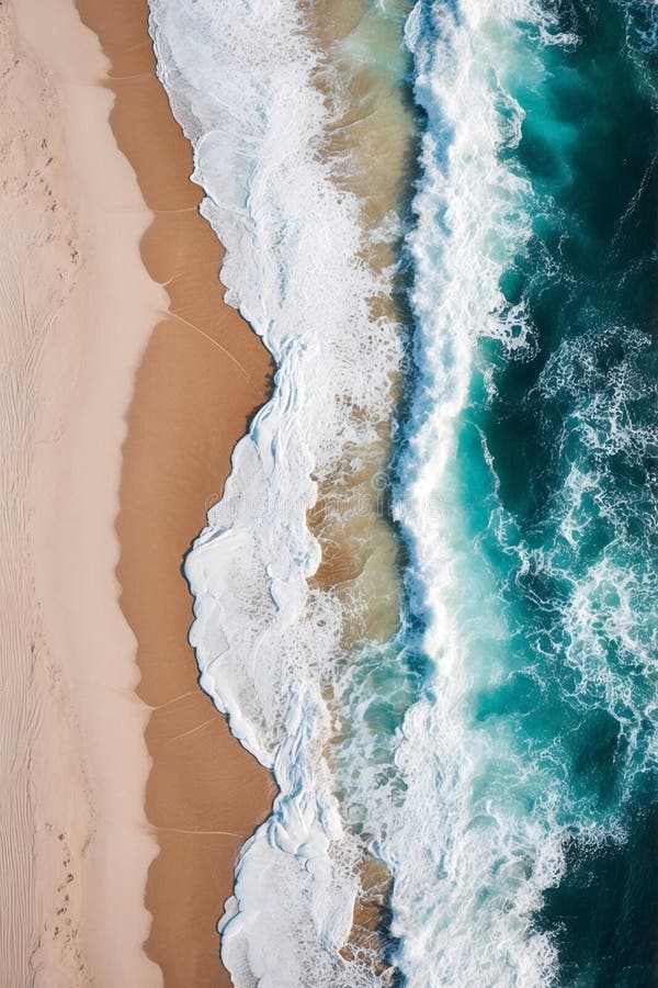 White Sand and Deep Blue Sea Waves Aerial View in Dark Turquoise and ...