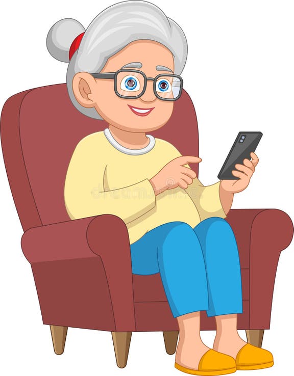 Cartoon Grandma Sits on the Sofa and Plays with Her Phone Stock Vector ...