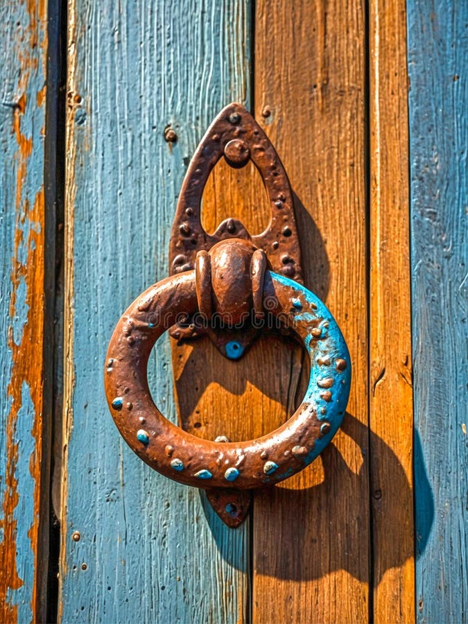 Close-up Shot of an Old, Blue, Esthetic Rusted Door Knocker on a ...