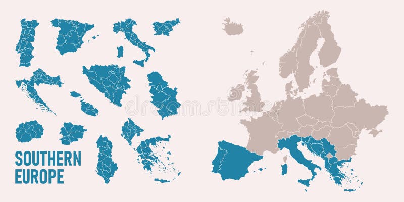 Southern Europe Map, Isolated on White Background. High Detailed. Stock ...