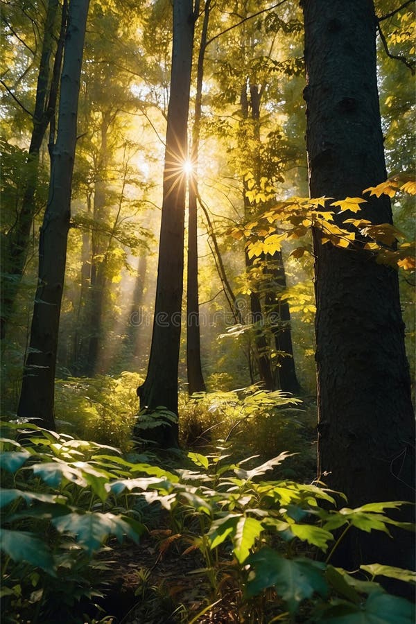 The Edge of the Forest with Dawn S Light Streaming through the Trees ...