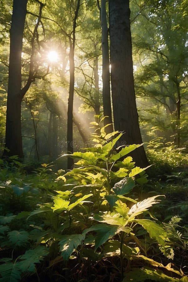 The Edge of the Forest with Dawn S Light Streaming through the Trees ...