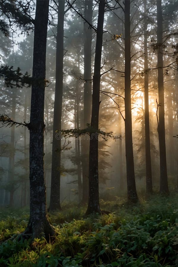 The Edge of the Forest with Dawn S Light Streaming through the Trees ...