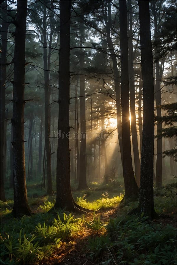 The Edge of the Forest with Dawn S Light Streaming through the Trees ...