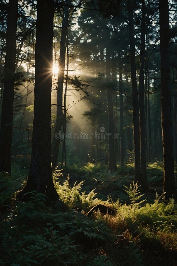 The Edge of the Forest with Dawn S Light Streaming through the Trees ...