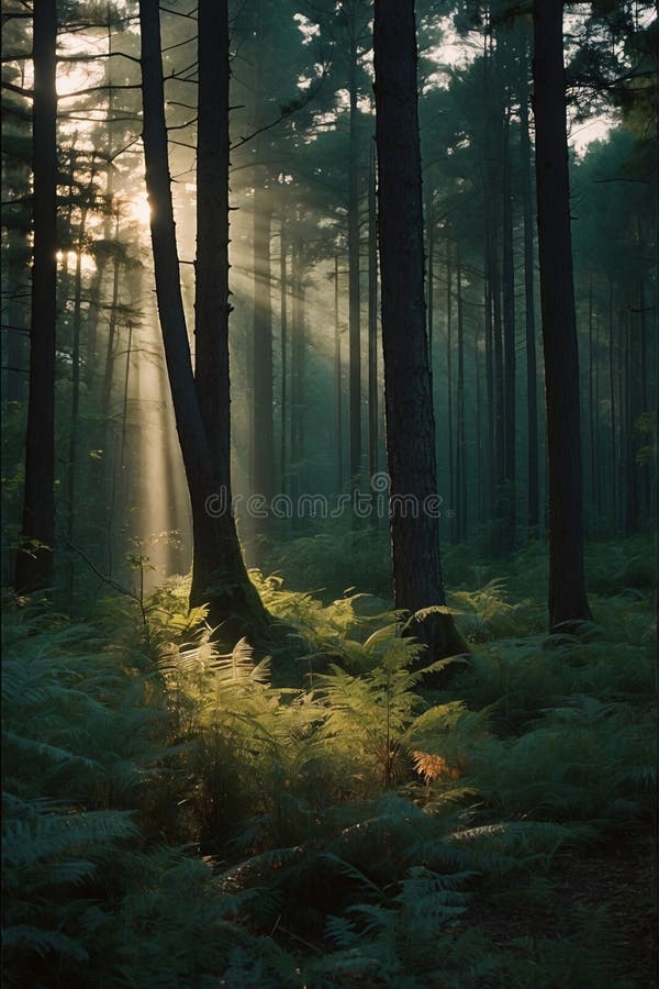 The Edge of the Forest with Dawn S Light Streaming through the Trees ...