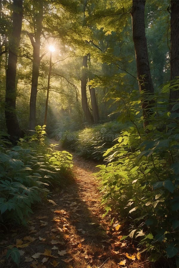 The Edge of the Forest with Dawn S Light Streaming through the Trees ...