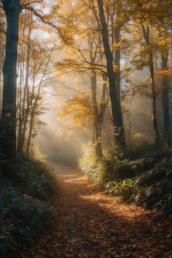 The Edge of the Forest with Dawn S Light Streaming through the Trees ...
