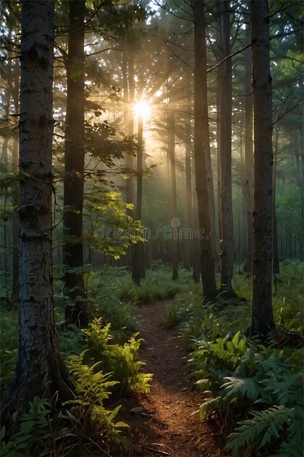The Edge of the Forest with Dawn S Light Streaming through the Trees ...