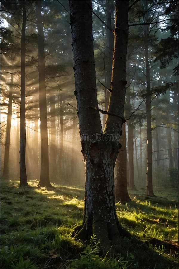 The Edge of the Forest with Dawn S Light Streaming through the Trees ...