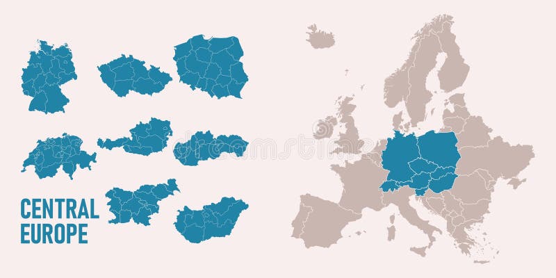 Highly Detailed Blue Illustration Map of Central Europe. Stock Vector ...