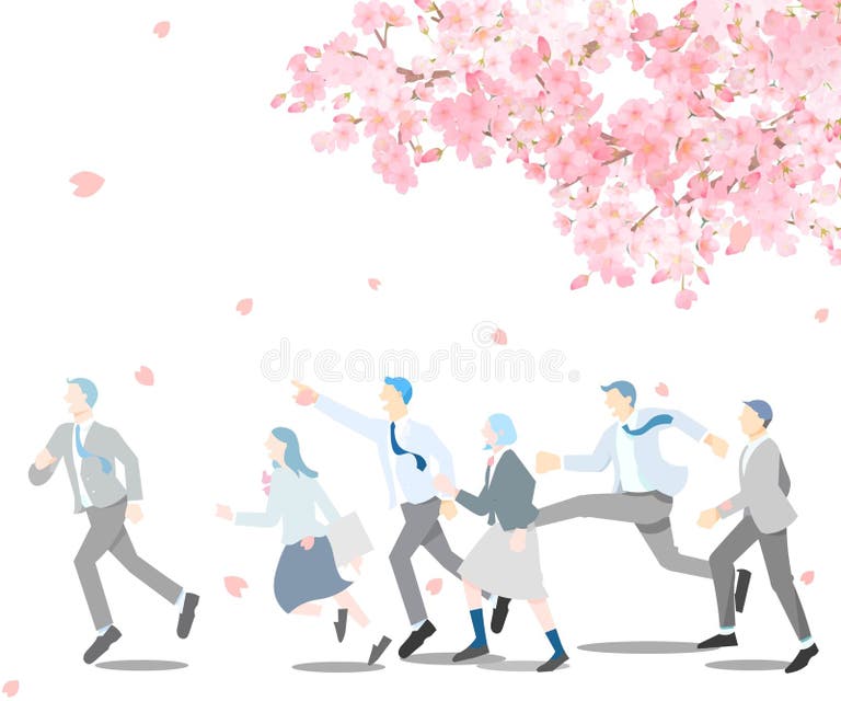 Cherry Blossom and Students Running -graduation Vector Illustration ...