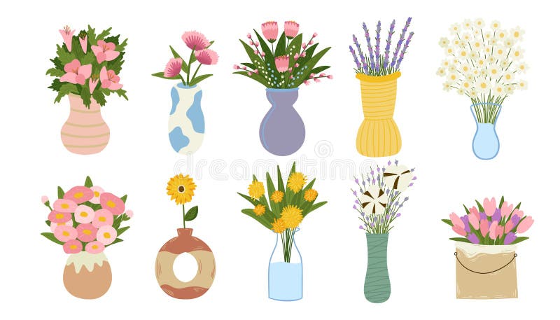 Bouquets of Flowers in Different Vases. Set of Vector Cartoon Flat ...