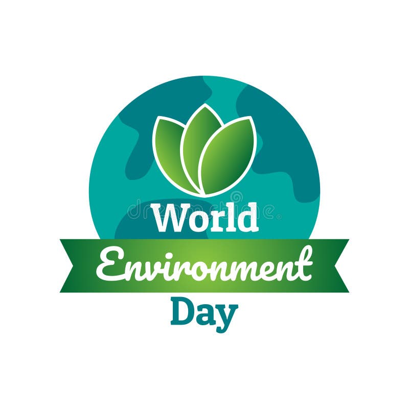 World Environment Day Logo Earth Globe with Leaf Icon and Ribbon Banner ...