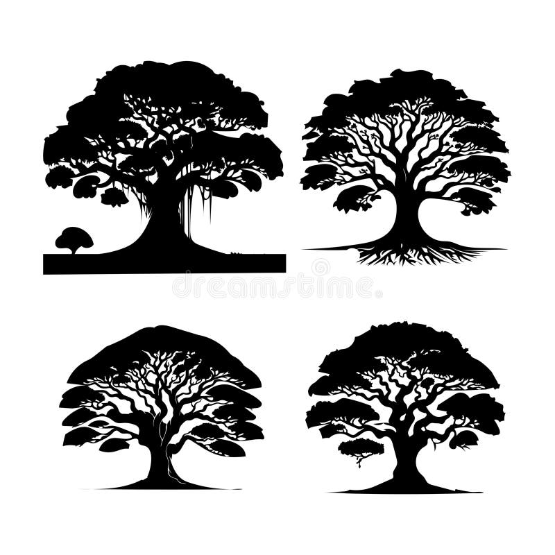 Banyan Tree Silhouettes Black Color Simple Clean Vector Illustrations ...