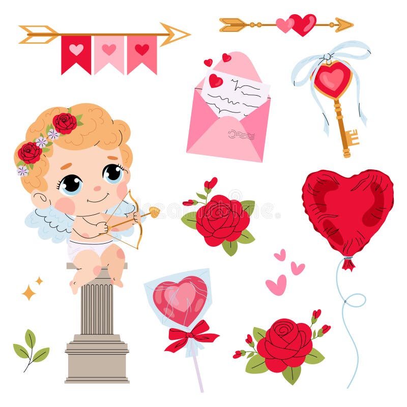 Set of Illustrations for Valentine S Day. Cupid, Letter, Key, Heart ...