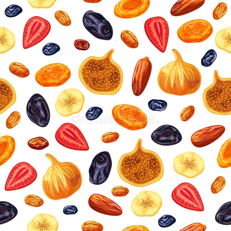 Seamless Pattern with Dried Fruits Isolated on White Background. Vector ...