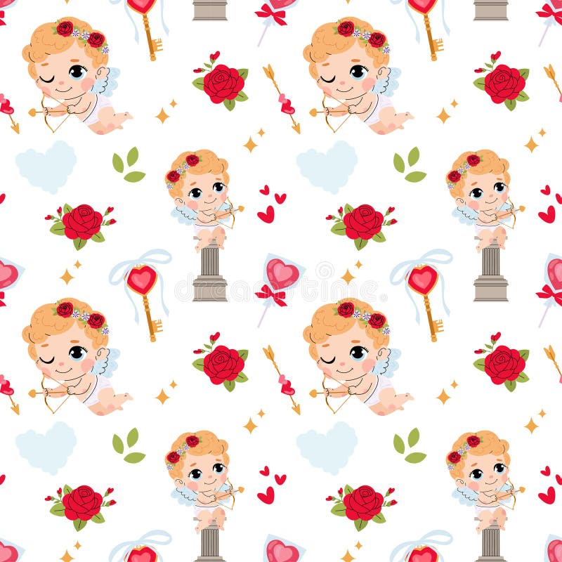 Charming Cupid with Bow and Arrow, Rose, Golden Key and Lollipop ...