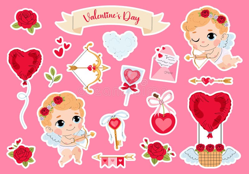 Set Valentine S Day Stickers. Adorable Cupids, Hearts, Roses, Arrows ...