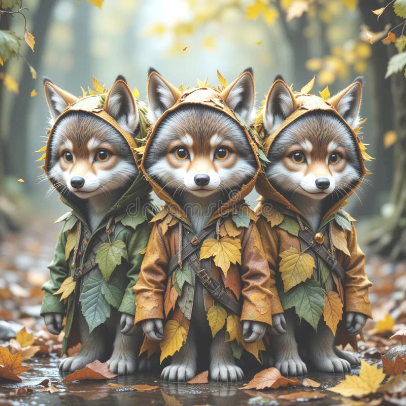 Three Little Wolves in a Hooded Coat Stock Illustration - Illustration ...