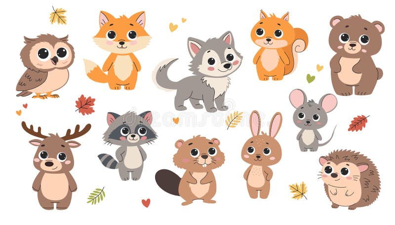 Set of Flat Vector Illustrations. Bear, Mouse, Fox, Hedgehog, Squirrel ...