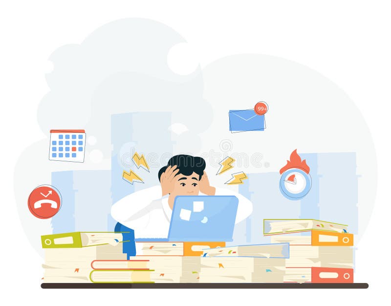 Employee Character with Stack of Paper Working. Work at Laptop. Icons ...