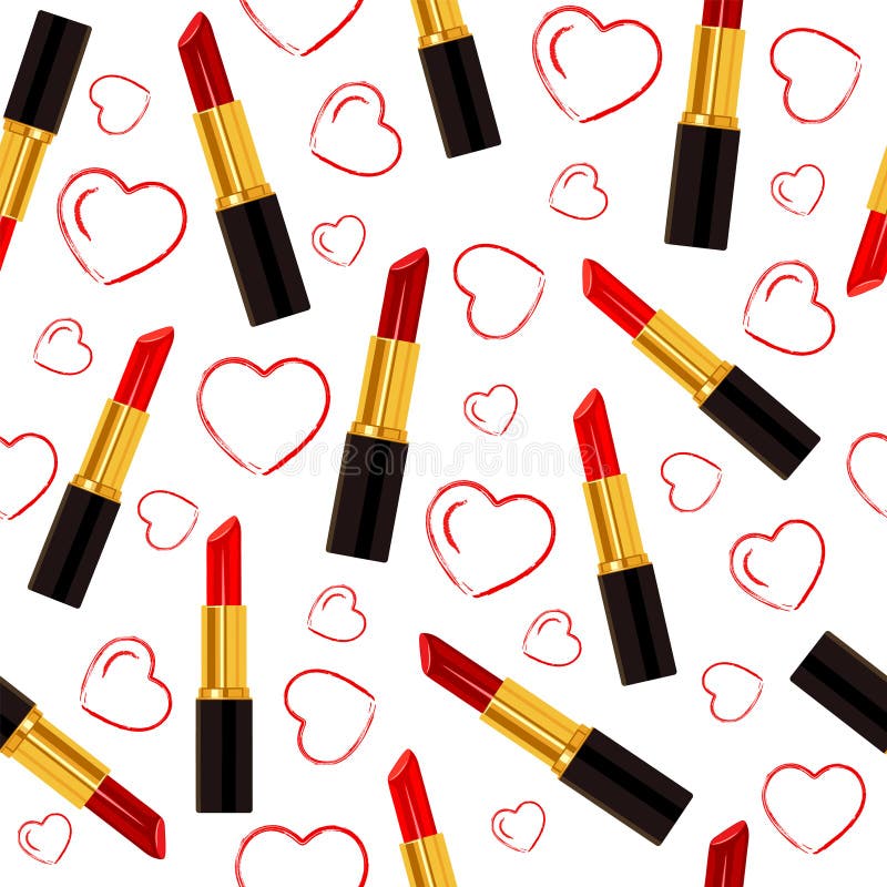 Seamless Pattern with Red Lipsticks and Hearts Isolated on a White ...