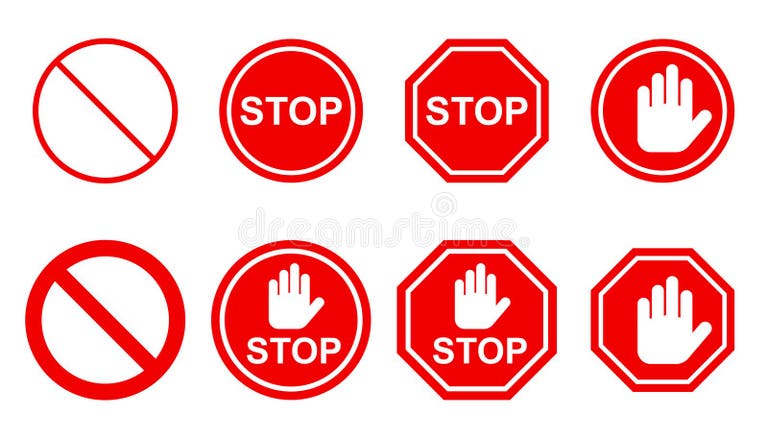 Set of Stop Street Icon Collection. Stop Sign with Hand. Red Stop Hand ...