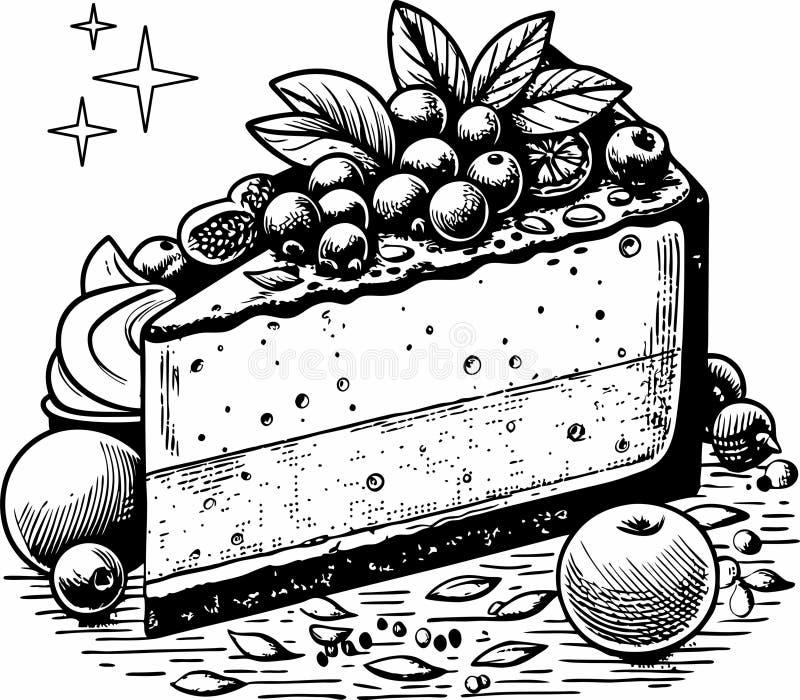 Cheesecake with Berries. Black Illustration, Etching, Vintage, Vector ...