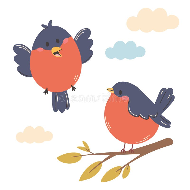 Vector Illustration of Two Cute Little Birds Sitting on a Branch ...