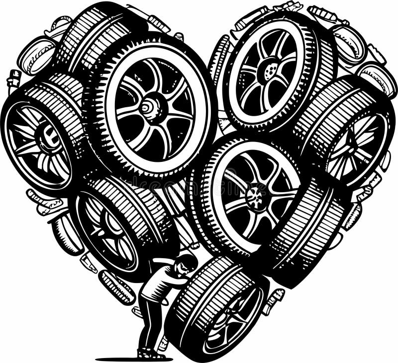 Heart Shaped Composition of Car Tires. Black and White Sketch Stock ...