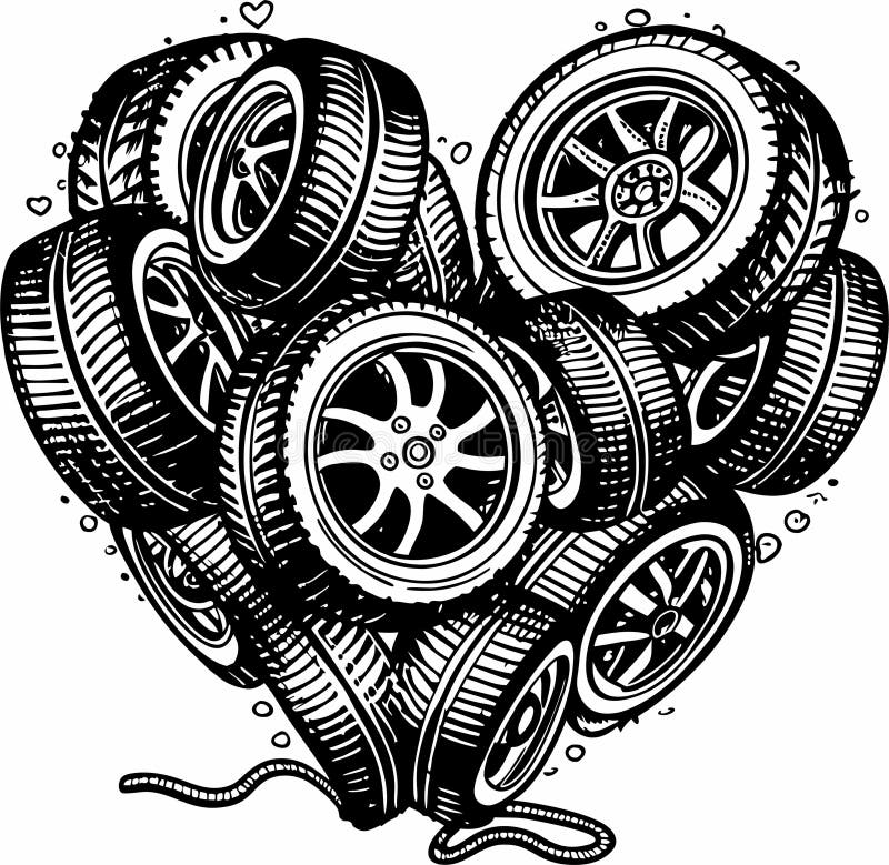Heart Shaped Composition of Car Tires. Black and White Sketch Stock ...