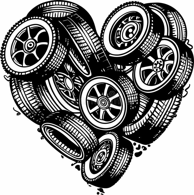 Heart Shaped Composition of Car Tires. Black and White Sketch Stock ...