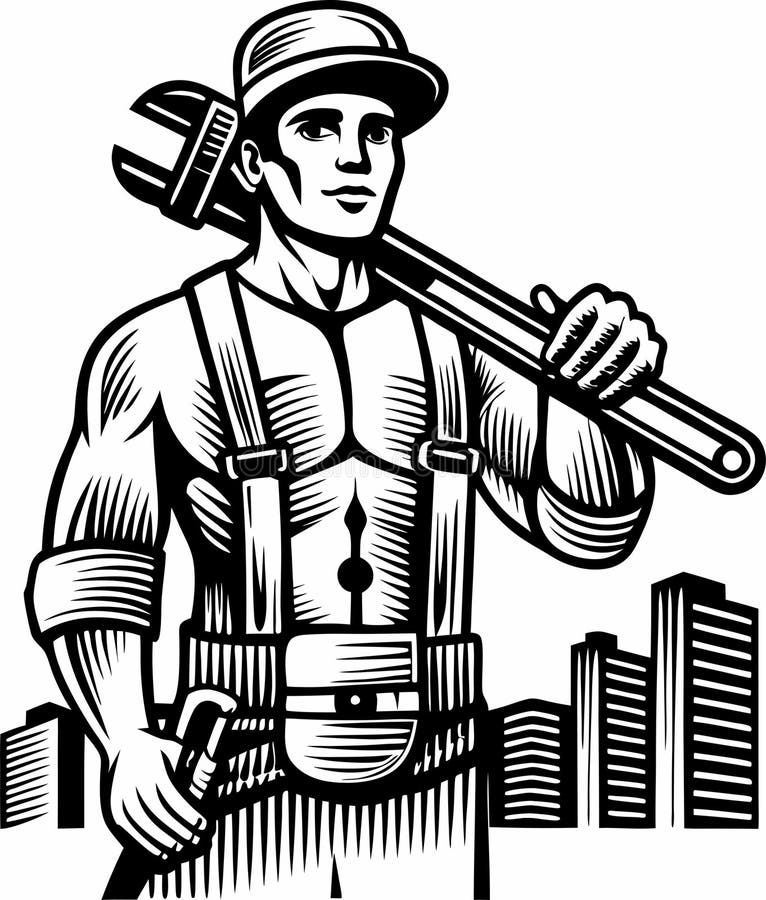 Plumber Worker with Wrench. Black and White Sketch Stock Vector ...