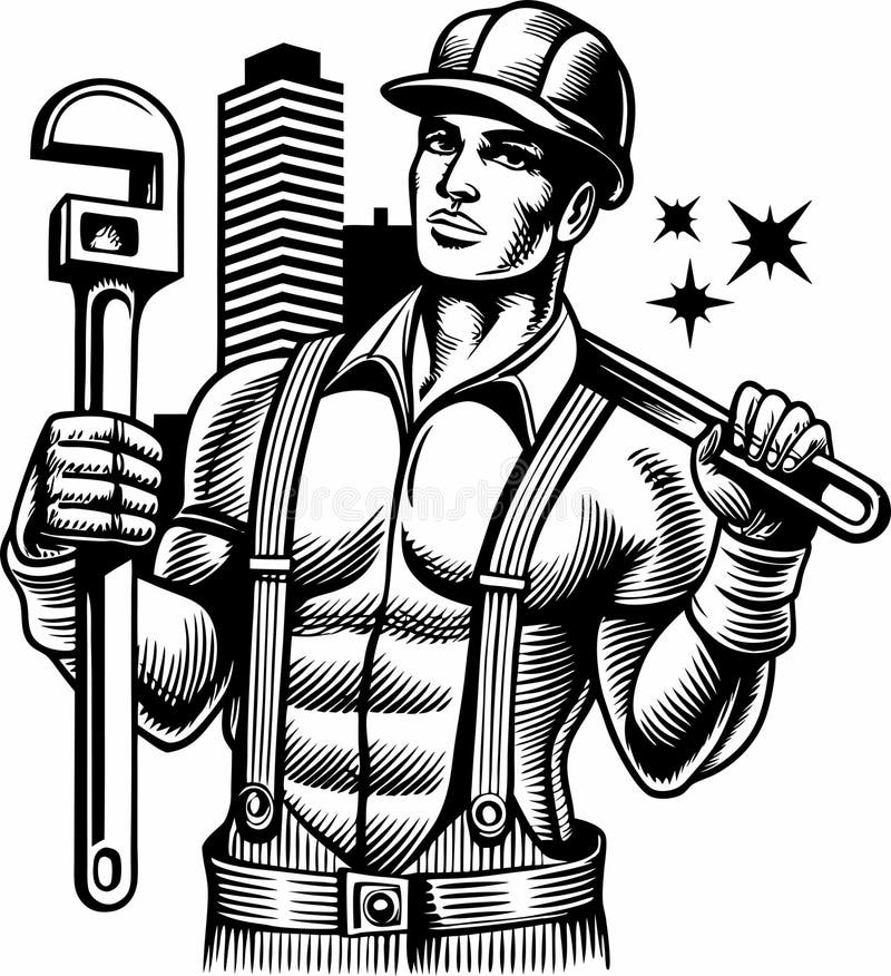 Plumber Worker with Wrench . Black and White Sketch Stock Vector ...