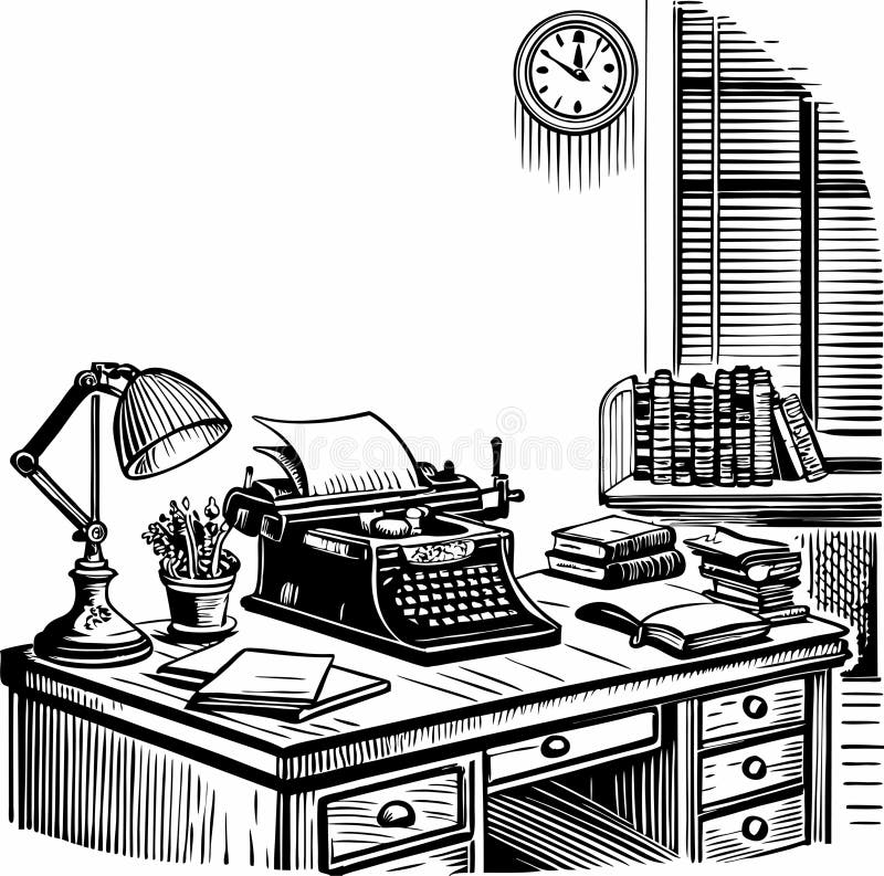 Vintage Writers Desk with Typewriter. Black Illustration, Etching ...