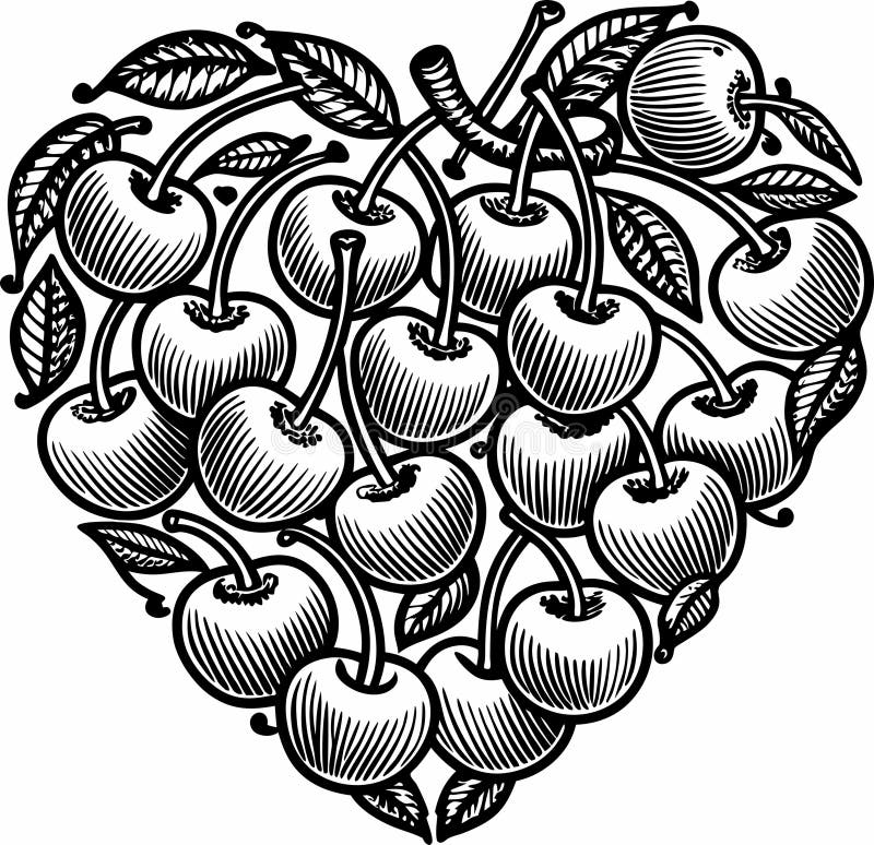 Heart-shaped Cherry Cluster. Black Illustration, Etching, Vintage ...