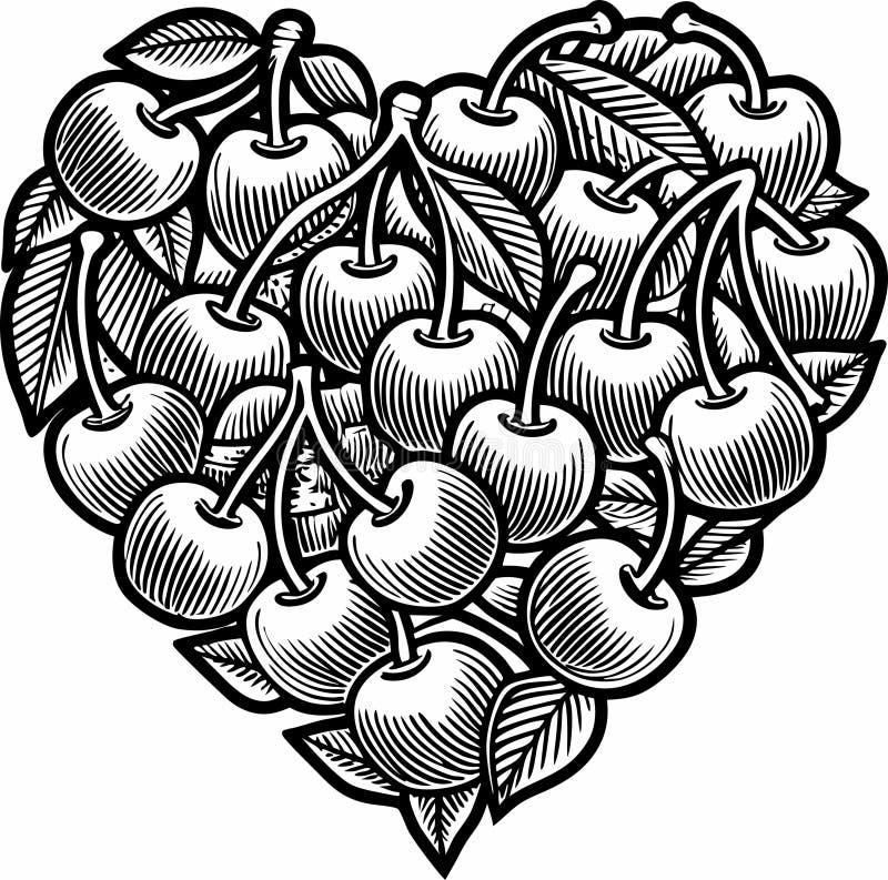 Heart-shaped Cherry Cluster. Black Illustration, Etching, Vintage ...