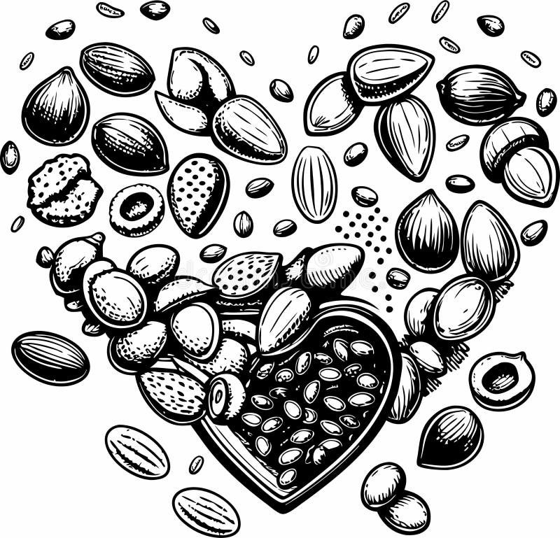 Heart-shaped Nuts and Seeds. Black Illustration, Etching, Vintage, Vector Sketch Stock Vector ...