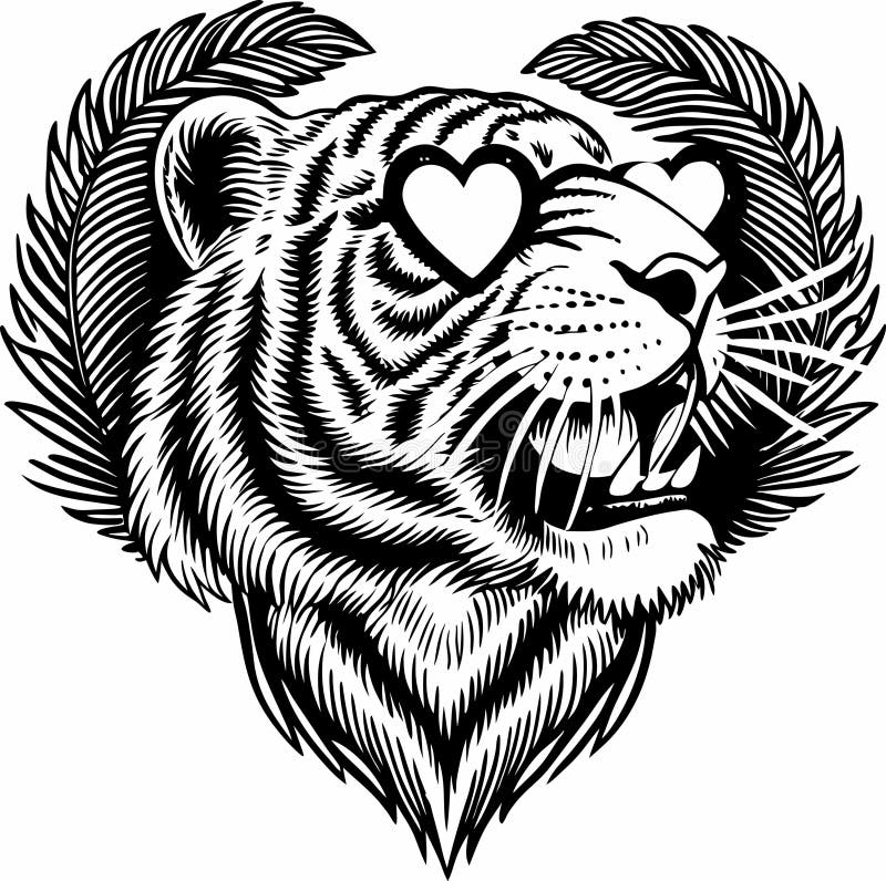 Tiger Face in Heart Shape. Black Illustration, Etching, Vintage, Vector ...