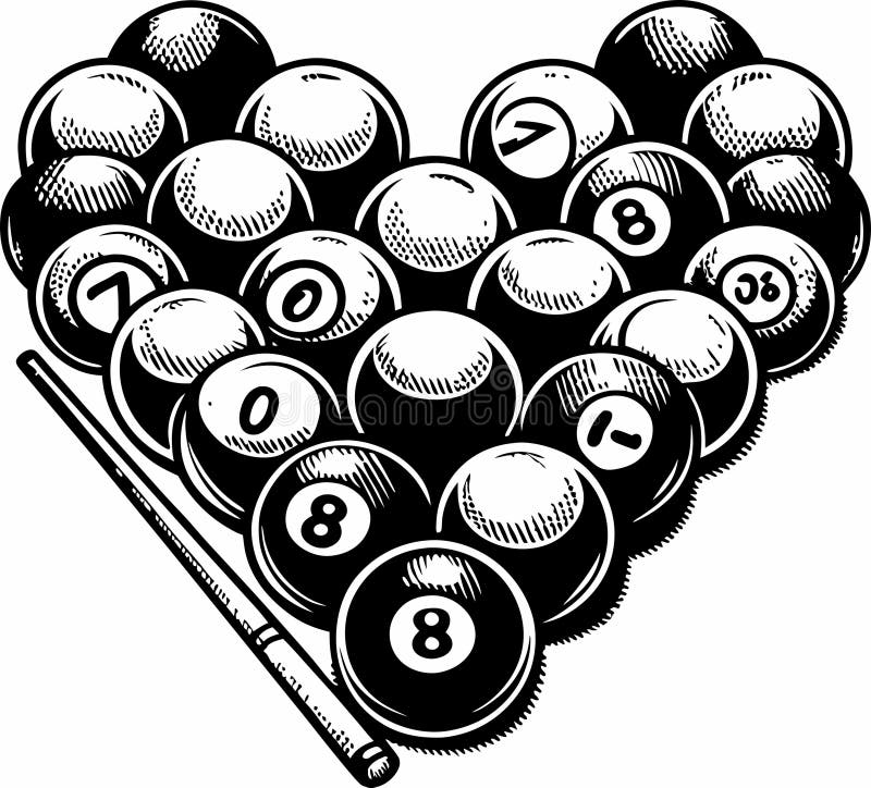 Heart-shaped Billiard Balls and Bats. Black Illustration, Etching ...