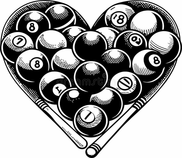 Heart-shaped Billiard Balls and Bats. Black Illustration, Etching ...