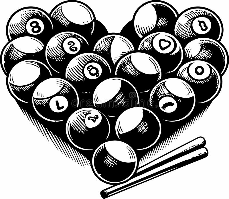 Heart-shaped Billiard Balls and Bats. Black Illustration, Etching ...