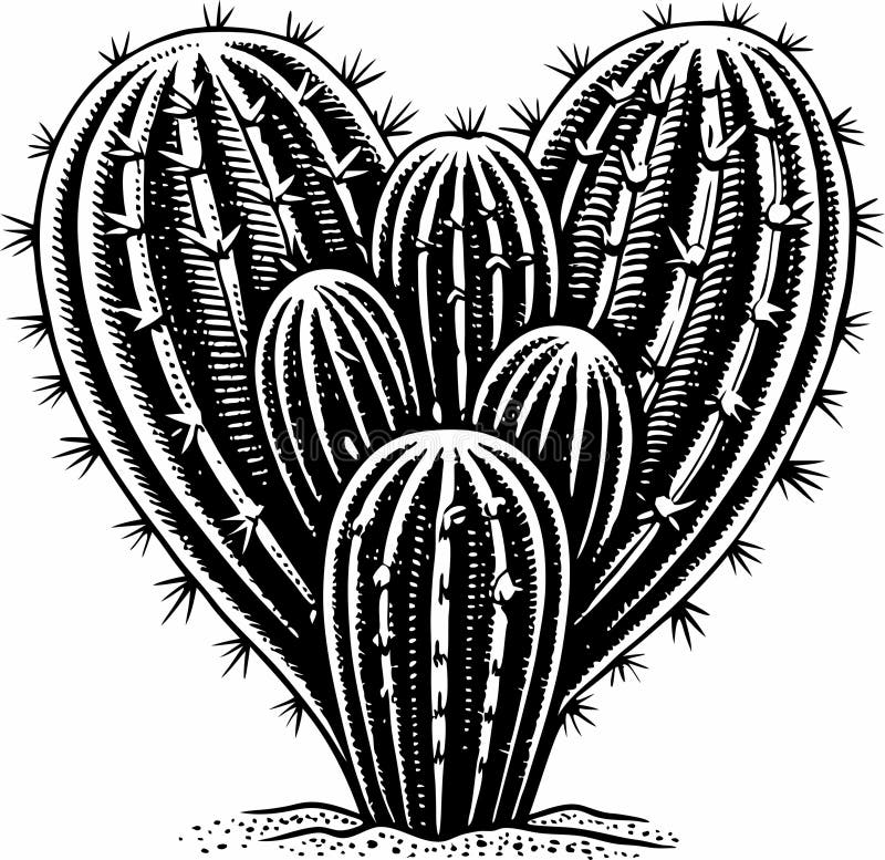 Heart-shaped Cactus with Spines. Black Illustration, Etching, Vintage ...