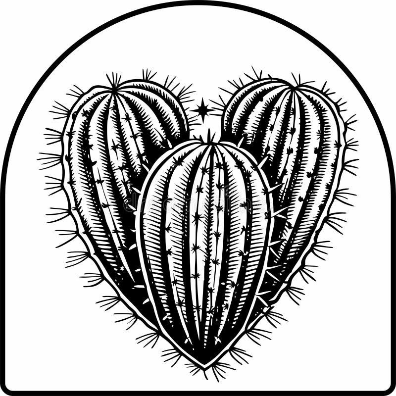 Heart-shaped Cactus with Spines. Black Illustration, Etching, Vintage ...