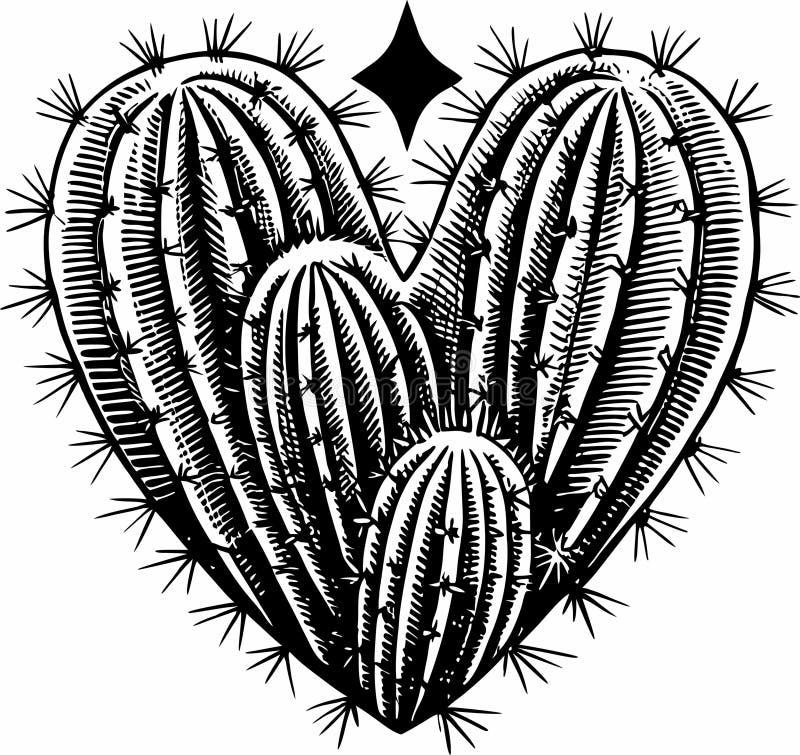 Heart-shaped Cactus with Spines. Black Illustration, Etching, Vintage ...